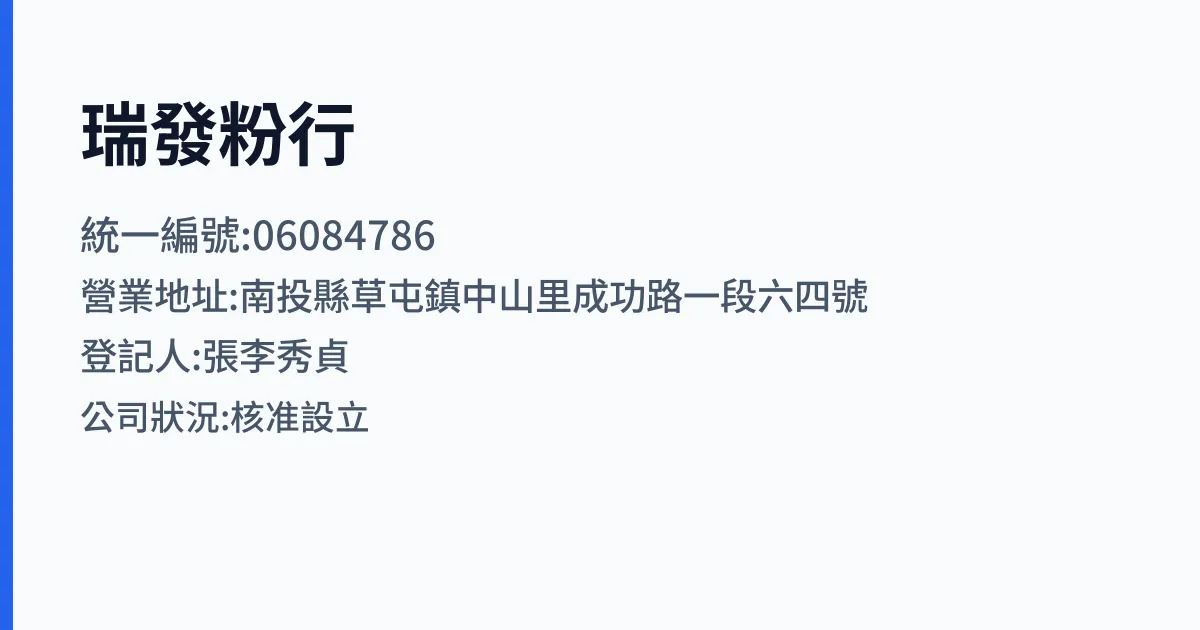 瑞發粉行 - 統編 06084786(南投縣) 公司登記資料與營業項目詳細圖表