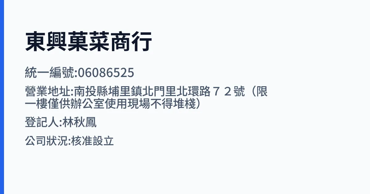 東興菓菜商行 - 統編 06086525(南投縣) 公司登記資料與營業項目詳細圖表