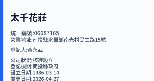 太千花莊的照片-統編 06087165(南投縣) 公司登記資料與營業項目詳細圖表
