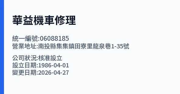華益機車修理的照片-統編 06088185(南投縣) 公司登記資料與營業項目詳細圖表