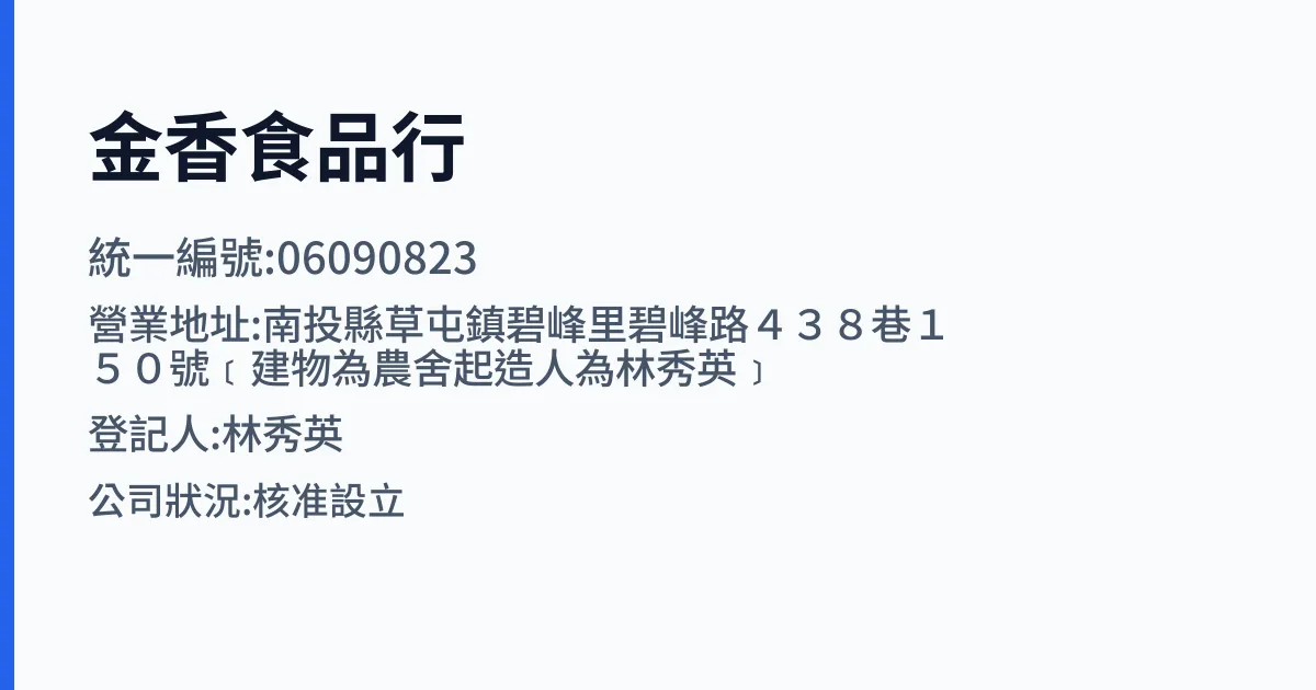 金香食品行 - 統編 06090823(南投縣) 公司登記資料與營業項目詳細圖表