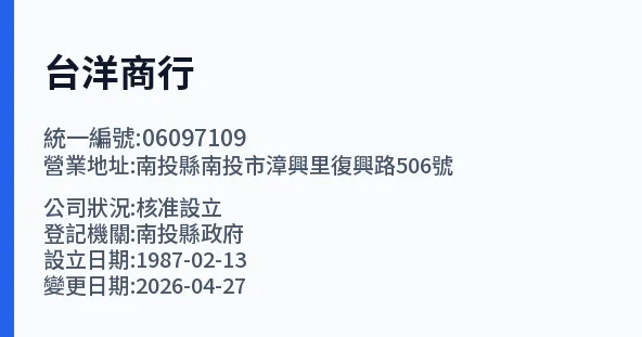 台洋商行的照片-統編 06097109(南投縣) 公司登記資料與營業項目詳細圖表
