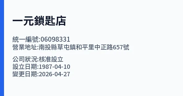 一元鎖匙店的照片-統編 06098331(南投縣) 公司登記資料與營業項目詳細圖表