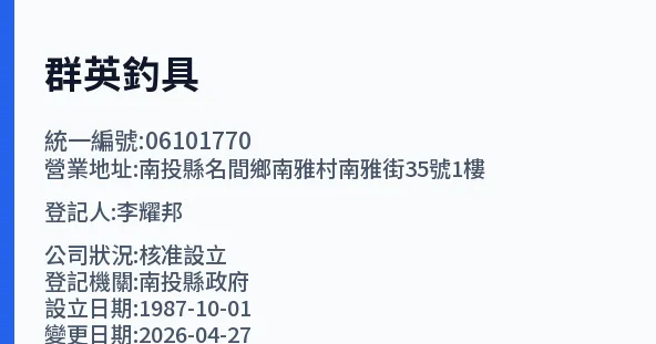 群英釣具的照片-統編 06101770(南投縣) 公司登記資料與營業項目詳細圖表