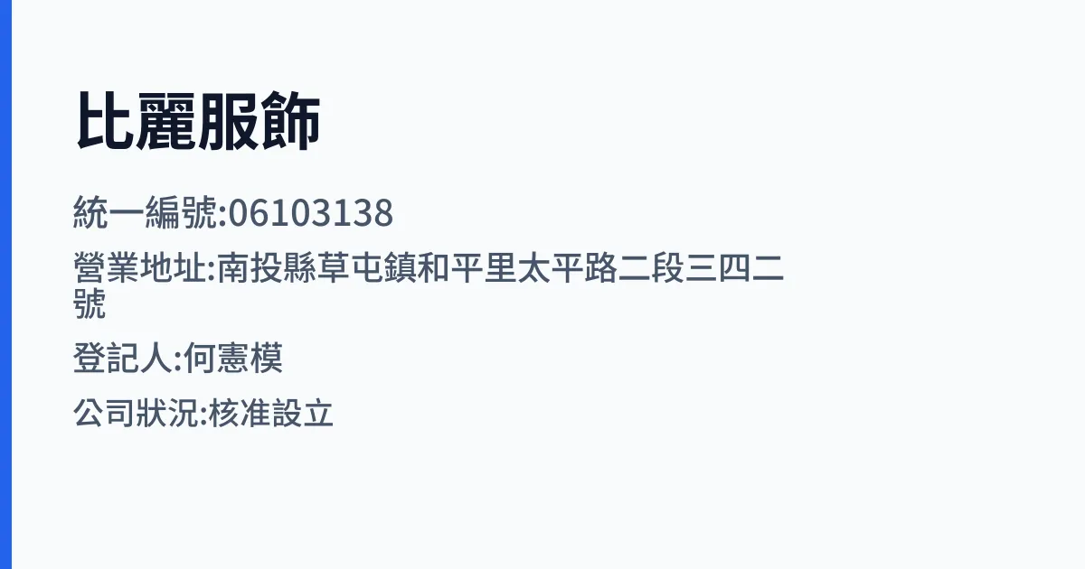 比麗服飾 - 統編 06103138(南投縣) 公司登記資料與營業項目詳細圖表