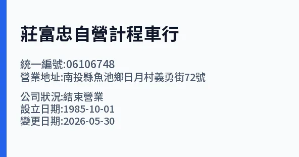 莊富忠自營計程車行的照片-統編 06106748(南投縣) 公司登記資料與營業項目詳細圖表