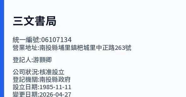 三文書局的照片-統編 06107134(南投縣) 公司登記資料與營業項目詳細圖表
