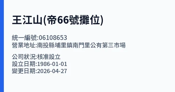 王江山(帝66號攤位)的照片-統編 06108653(南投縣) 公司登記資料與營業項目詳細圖表