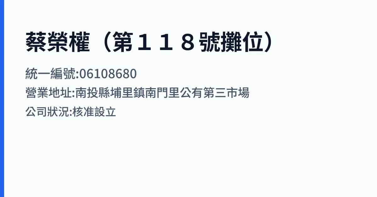 蔡榮權（第１１８號攤位） - 統編 06108680(南投縣) 公司登記資料與營業項目詳細圖表
