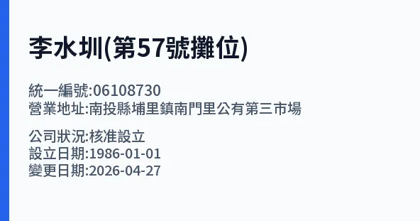 李水圳(第57號攤位)的照片-統編 06108730(南投縣) 公司登記資料與營業項目詳細圖表