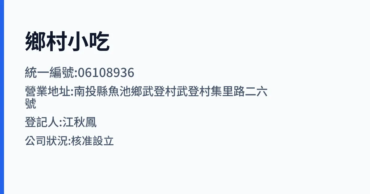 鄉村小吃 - 統編 06108936(南投縣) 公司登記資料與營業項目詳細圖表