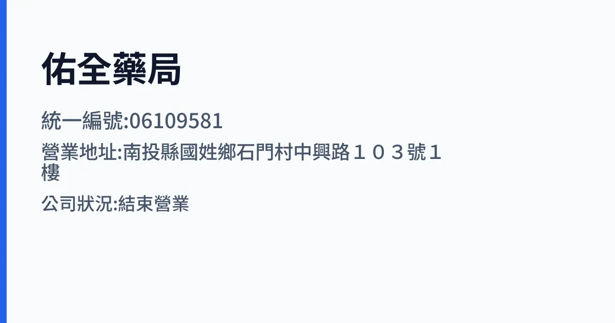 佑全藥局 - 統編 06109581(南投縣) 公司登記資料與營業項目詳細圖表