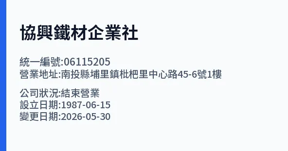 協興鐵材企業社的照片-統編 06115205(南投縣) 公司登記資料與營業項目詳細圖表