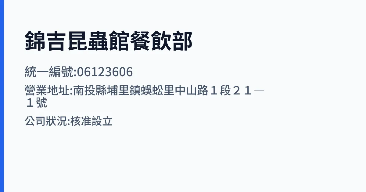 錦吉昆蟲館餐飲部 - 統編 06123606(南投縣) 公司登記資料與營業項目詳細圖表