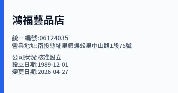 鴻福藝品店的照片-統編 06124035(南投縣) 公司登記資料與營業項目詳細圖表