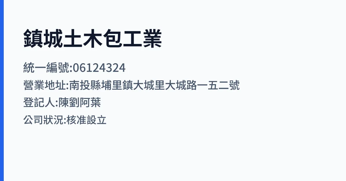 鎮城土木包工業 - 統編 06124324(南投縣) 公司登記資料與營業項目詳細圖表