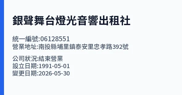 銀聲舞台燈光音響出租社的照片-統編 06128551(南投縣) 公司登記資料與營業項目詳細圖表