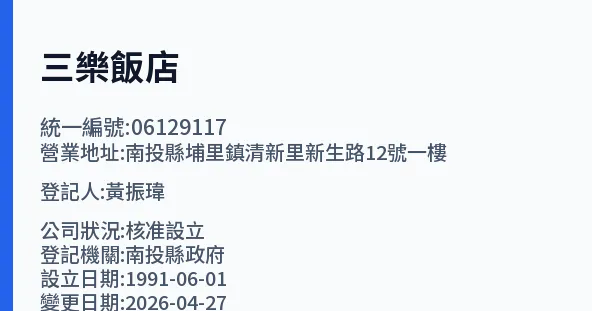 三樂飯店的照片-統編 06129117(南投縣) 公司登記資料與營業項目詳細圖表