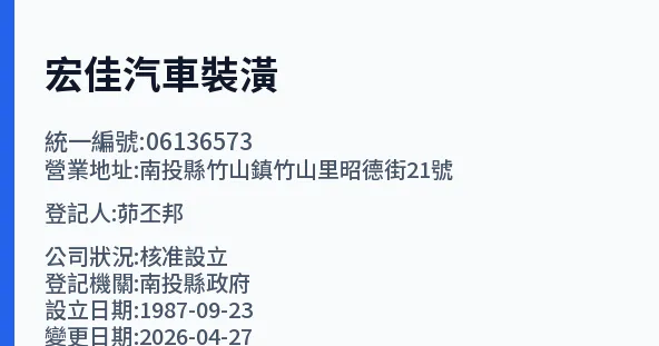 宏佳汽車裝潢的照片-統編 06136573(南投縣) 公司登記資料與營業項目詳細圖表