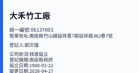 大禾竹工廠的照片-統編 06137003(南投縣) 公司登記資料與營業項目詳細圖表