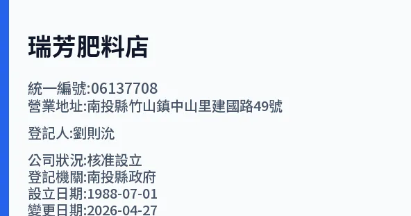 瑞芳肥料店的照片-統編 06137708(南投縣) 公司登記資料與營業項目詳細圖表