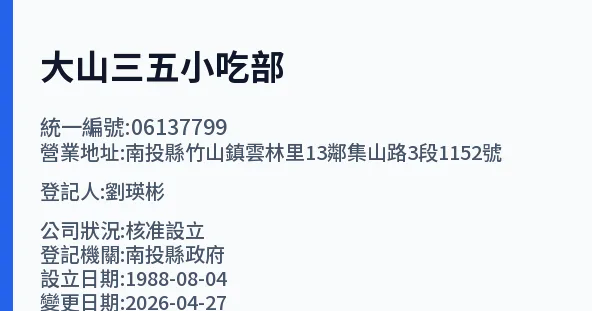 大山三五小吃部的照片-統編 06137799(南投縣) 公司登記資料與營業項目詳細圖表