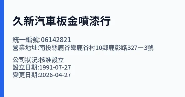 久新汽車板金噴漆行的照片-統編 06142821(南投縣) 公司登記資料與營業項目詳細圖表