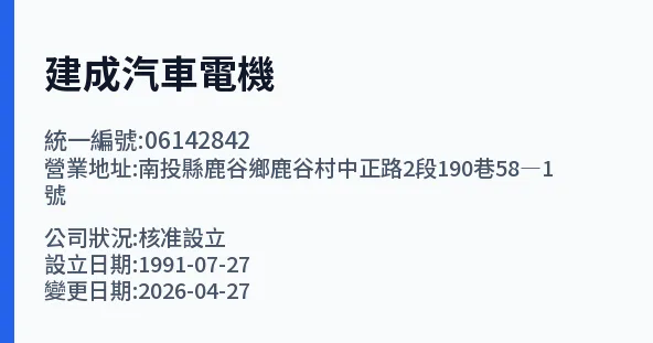 建成汽車電機的照片-統編 06142842(南投縣) 公司登記資料與營業項目詳細圖表