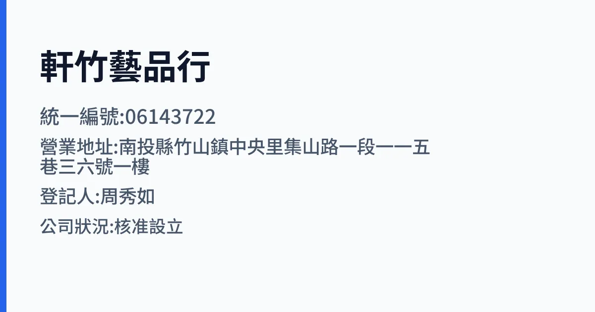 軒竹藝品行 - 統編 06143722(南投縣) 公司登記資料與營業項目詳細圖表