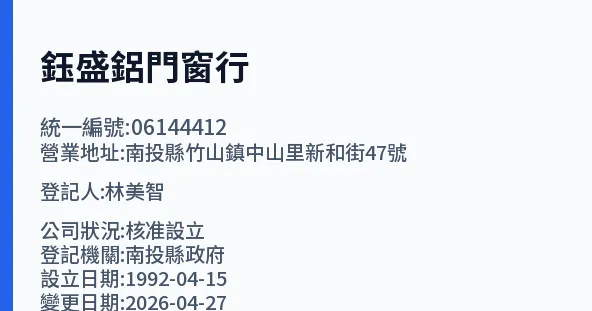 鈺盛鋁門窗行的照片-統編 06144412(南投縣) 公司登記資料與營業項目詳細圖表
