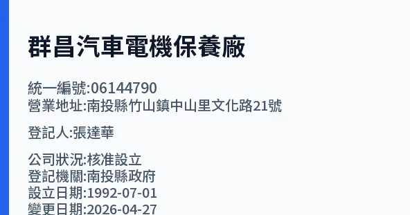 群昌汽車電機保養廠的照片-統編 06144790(南投縣) 公司登記資料與營業項目詳細圖表