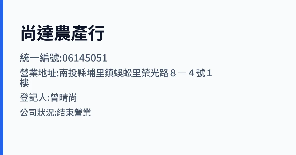 尚達農產行 - 統編 06145051(南投縣) 公司登記資料與營業項目詳細圖表