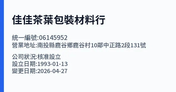 佳佳茶葉包裝材料行的照片-統編 06145952(南投縣) 公司登記資料與營業項目詳細圖表