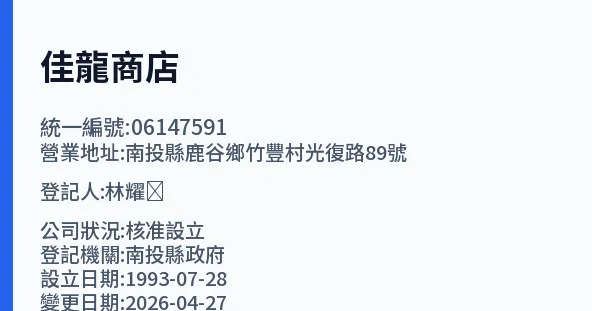 佳龍商店的照片-統編 06147591(南投縣) 公司登記資料與營業項目詳細圖表