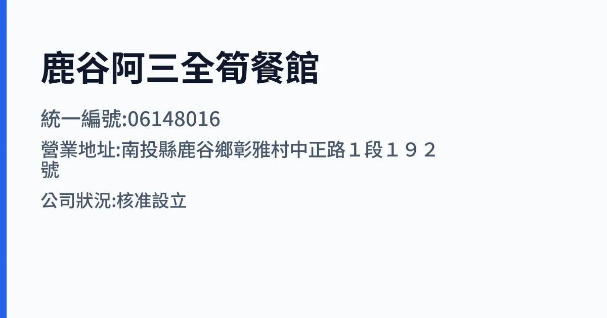 鹿谷阿三全筍餐館 - 統編 06148016(南投縣) 公司登記資料與營業項目詳細圖表