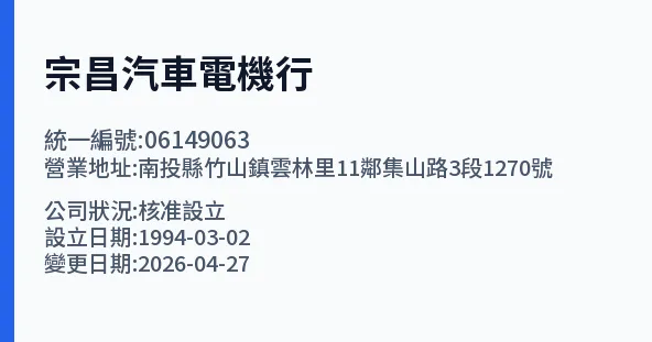 宗昌汽車電機行的照片-統編 06149063(南投縣) 公司登記資料與營業項目詳細圖表