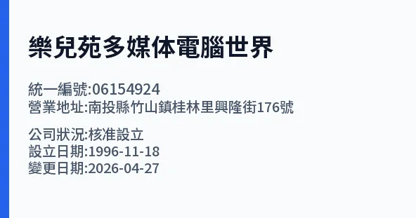 樂兒苑多媒体電腦世界的照片-統編 06154924(南投縣) 公司登記資料與營業項目詳細圖表