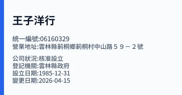 王子洋行的照片-統編 06160329(雲林縣) 公司登記資料與營業項目詳細圖表