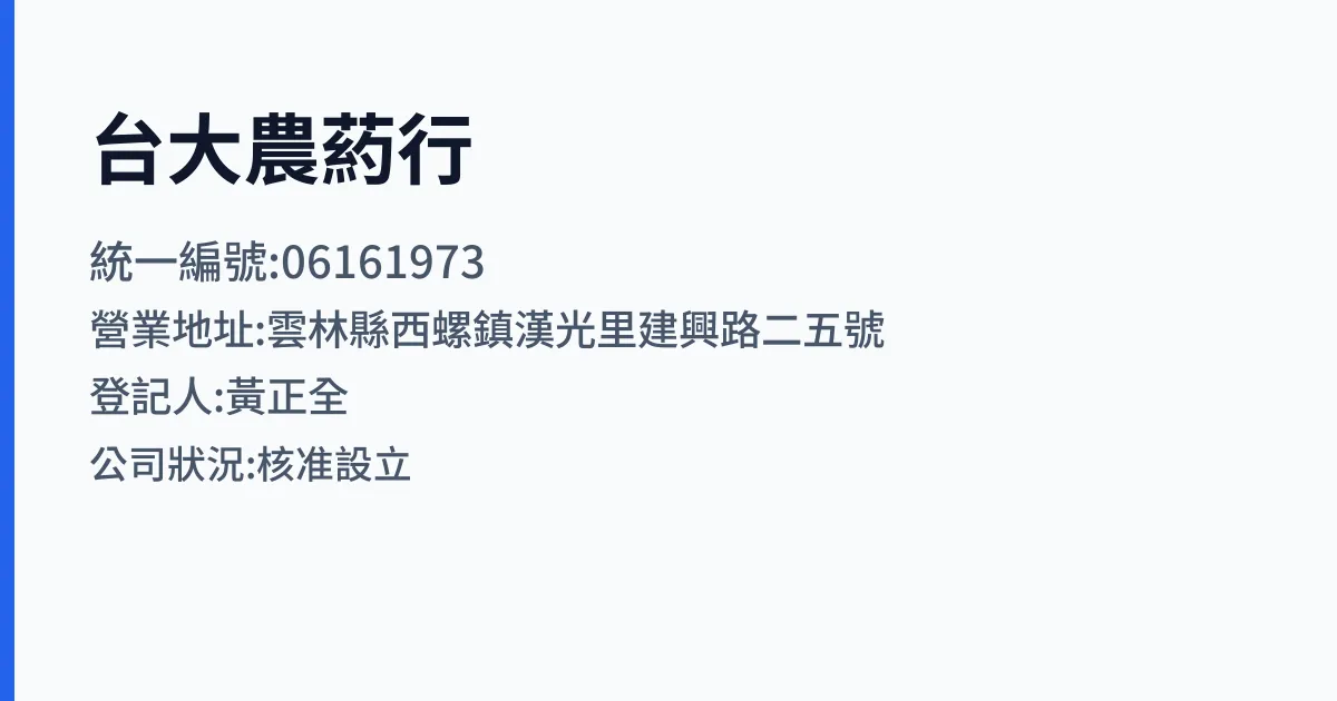 台大農葯行 - 統編 06161973(雲林縣) 公司登記資料與營業項目詳細圖表