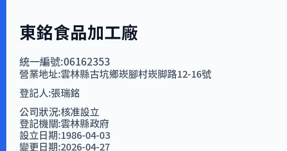 東銘食品加工廠的照片-統編 06162353(雲林縣) 公司登記資料與營業項目詳細圖表