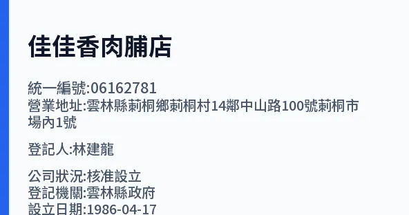 佳佳香肉脯店的照片-統編 06162781(雲林縣) 公司登記資料與營業項目詳細圖表