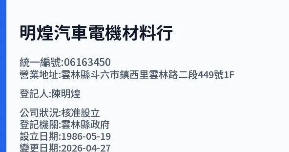 明煌汽車電機材料行的照片-統編 06163450(雲林縣) 公司登記資料與營業項目詳細圖表