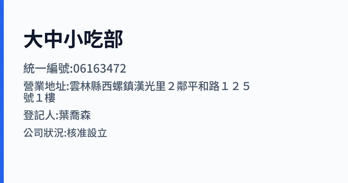 大中小吃部 - 統編 06163472(雲林縣) 公司登記資料與營業項目詳細圖表