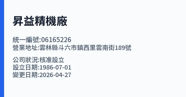 昇益精機廠的照片-統編 06165226(雲林縣) 公司登記資料與營業項目詳細圖表