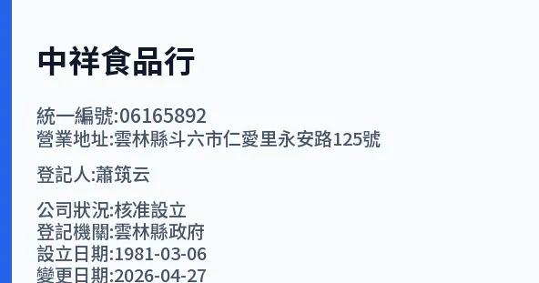 中祥食品行的照片-統編 06165892(雲林縣) 公司登記資料與營業項目詳細圖表