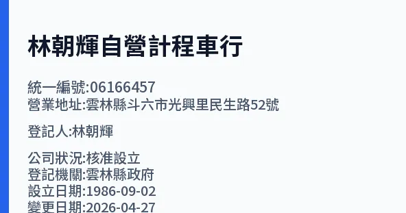 林朝輝自營計程車行的照片-統編 06166457(雲林縣) 公司登記資料與營業項目詳細圖表