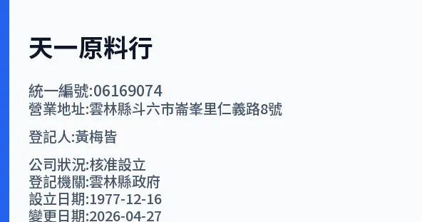 天一原料行的照片-統編 06169074(雲林縣) 公司登記資料與營業項目詳細圖表