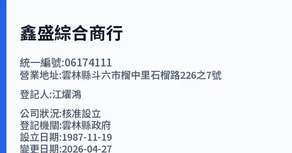 鑫盛綜合商行的照片-統編 06174111(雲林縣) 公司登記資料與營業項目詳細圖表