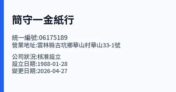 簡守一金紙行的照片-統編 06175189(雲林縣) 公司登記資料與營業項目詳細圖表