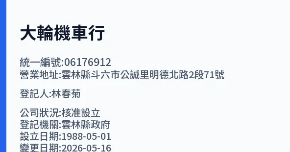 大輪機車行的照片-統編 06176912(雲林縣) 公司登記資料與營業項目詳細圖表